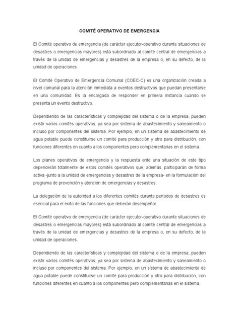 Comité Operativo De Emergencia Y Brigada De Emergencia Pdf Riesgo