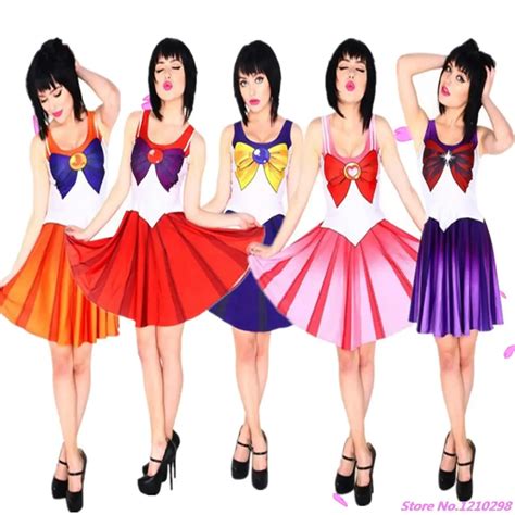 Girls Sailor Moon Printed Skater Dress Ladies Cosplay Sailor Moon Fancy