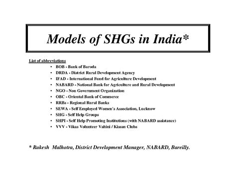 Shg Models India Models Of Shgs In India List Of Abbreviations • Bob Bank Of Baroda • Drda