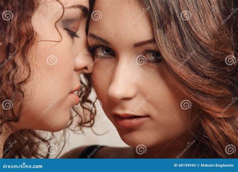 Tender Kiss Of Two Brunettes Homosexuality Lesbians Stock Image Image