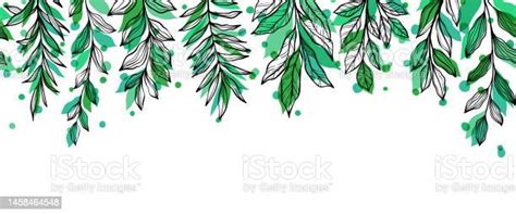 나뭇잎 가지와 손으로 그린 낙서 낙서 꽃 식물 배너 원활한 배너 Fpame 추상 미술 배경입니다 디자인 벽 장식 엽서 포스터 또는 브로셔 로즈마리에 대한 스톡 벡터 아트 및