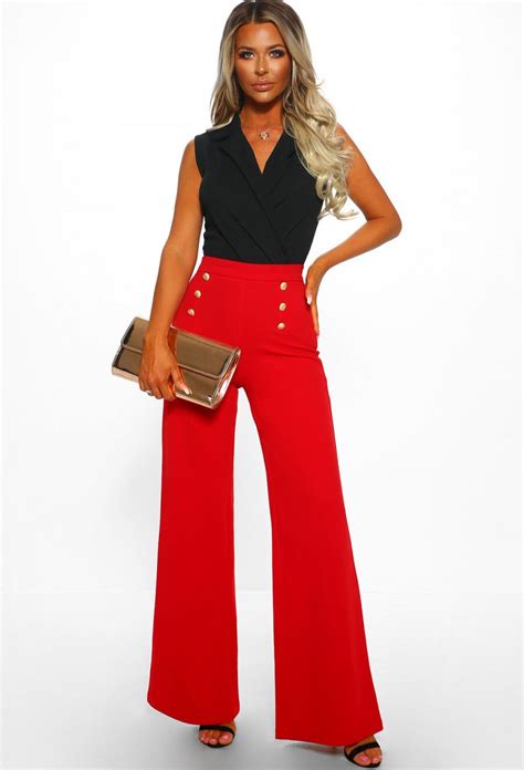 Risky Business Red High Waisted Wide Leg Trousers Wide Leg Trousers