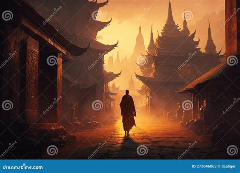 Buddhist Monk Walking At Old Temple At Sunset Ancient Oriental