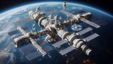 Futuristic Space Station Orbiting Earth with Astronauts Stock Illustration - Illustration of ...