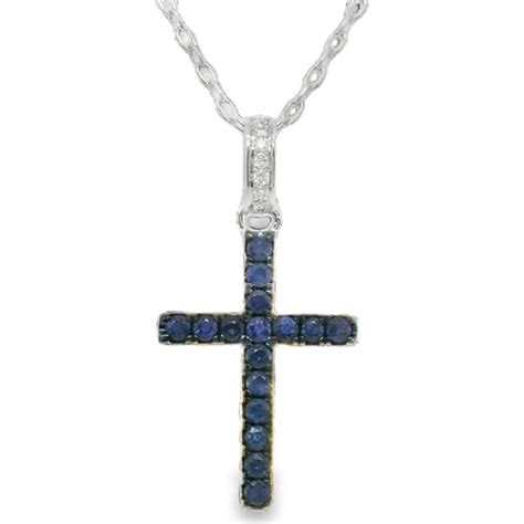 18k White Gold Cross Pendant With Round Blue Sapphires And Diamond Acc Robinsons Jewelers