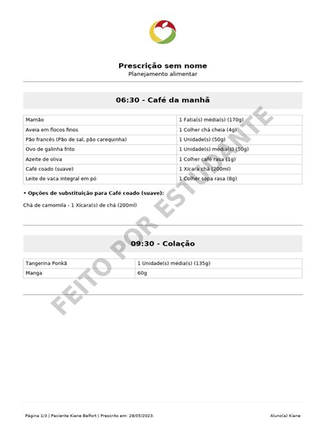 Plano Alimentar Kiane Belfort Pdf Alimentos Culinária