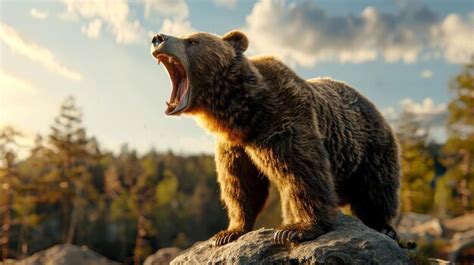 A Grizzly Bear Roaring On A Rocky Outcrop Premium Ai Generated Image