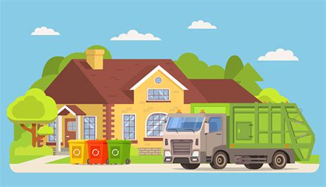 쓰레기 트럭 폐기물 차량 전면 도시 위생 로더 트럭 도시 서비스 벡터 그림입니다 집 외관 지붕홈 프론트 뷰 외관 0명에 대한 스톡 벡터 아트 및 기타 이미지 Istock