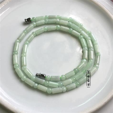 特价天然缅甸翡翠a货竹节项链女款珠子淡绿玉珠冰种珠链长桶珠虎窝淘