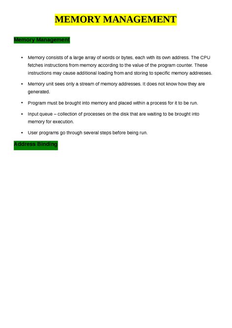 Memory Management Operating Systems Docsity
