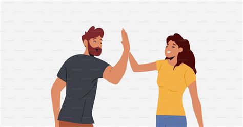 남성과 여성 캐릭터는 격식을 차리지 않은 인사를 나누고 행복한 사람들은 하얀 배경에 고립되어 하이파이브를 한다 쾌활한 친구와 동료 행복 기쁨 표현 만화 사람들 벡터