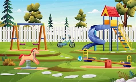 Premium Vector Kindergarten Playground With Slide Swing Bicycle And Seesaw Cartoon Illustration