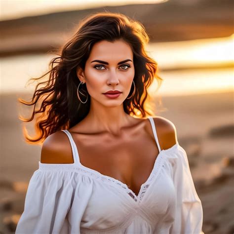 A Woman In A White Top And A White Top Is Standing On The Beach