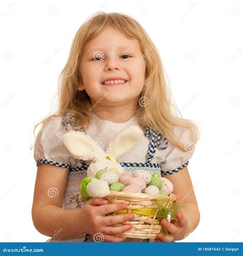 Little Blonde Girl Celebrates Easter Stock Image Image Of Basket