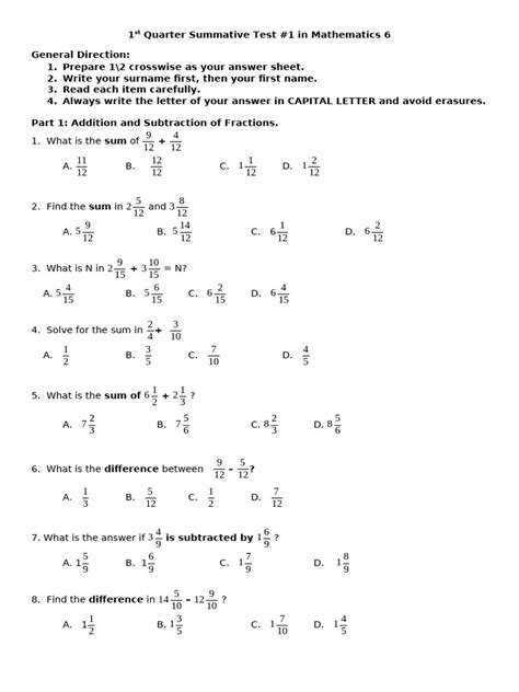 1st Quarter Mathematics Summative Test No1 Pdf Summation Mathematics