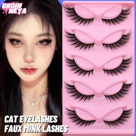 GROINNEYA Cat Eye Lashes 5 Pairs Faux Mink Eyelashes Natural Look