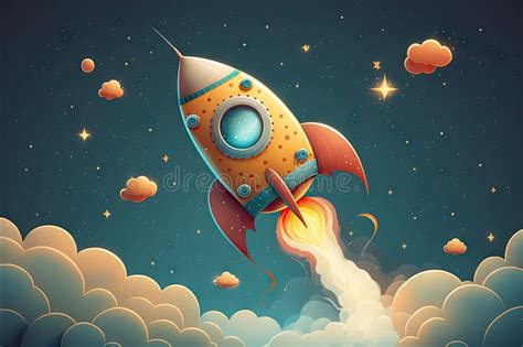 Cute Rocket Ship Floating In The Night Sky With Stars And Moon Visible
