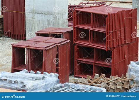 Stacking Of New Metal Scaffolding Arrived At The Construction Site And