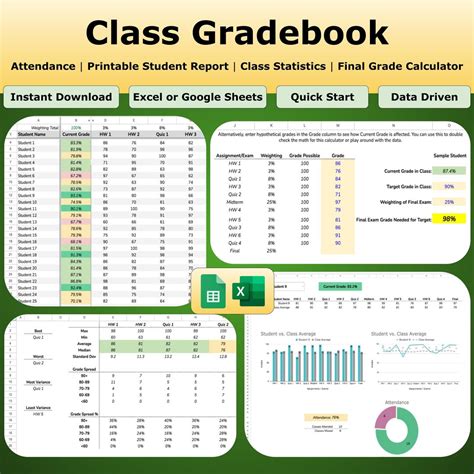 Class Gradebook Excel Google Sheets Template With Attendance Printable Babe Report Card