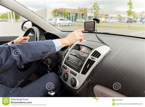 Close Up Of Man With Gps Navigator Driving Car Stock Image Image Of Human Auto