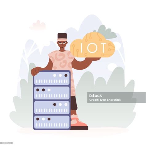 Iot 그림에 대한 핸들을 얻는 남자 내부는 서버 구성의 중심을 차지하며 고급 시대의 상호 연결성과 기계적 발전을 상징합니다