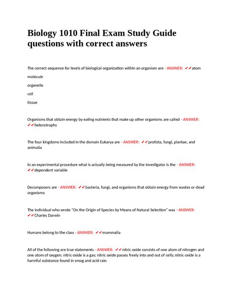Biology 1010 Final Exam Study Guide Questions With Correct Answers
