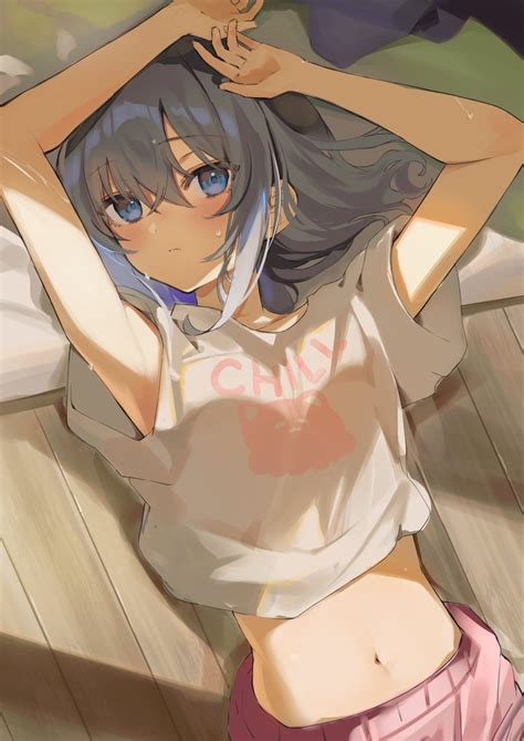 Kanda Done Original Commentary Request Highres 1girl Arms Up Blue