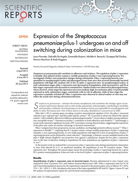 Pdf Expression Of The Streptococcus Pneumoniae Pilus 1 Undergoes On