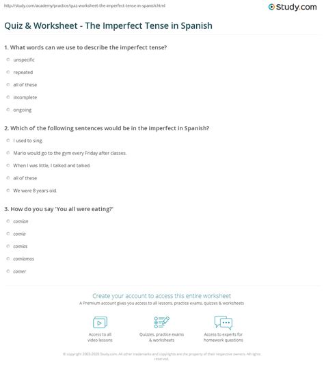 Quiz Worksheet The Imperfect Tense In Spanish Study