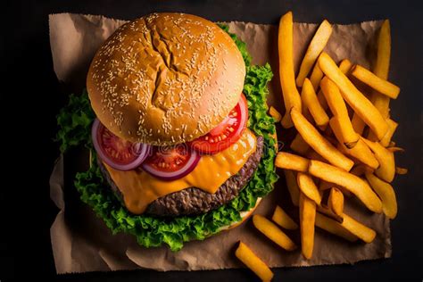 Burger And Fries And Cheese Delicious Meal Stock Illustration