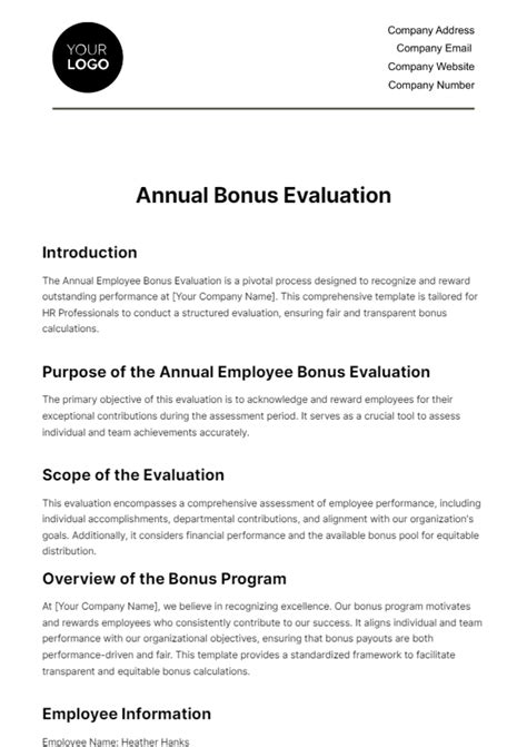 Free Annual Bonus Evaluation HR Template To Edit Online