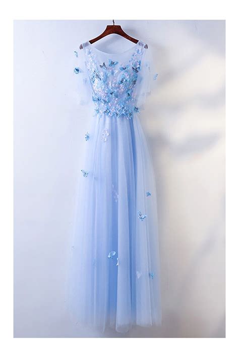 Cute Blue Flowy Long Cheap Prom Dress With Butterflies 1299816