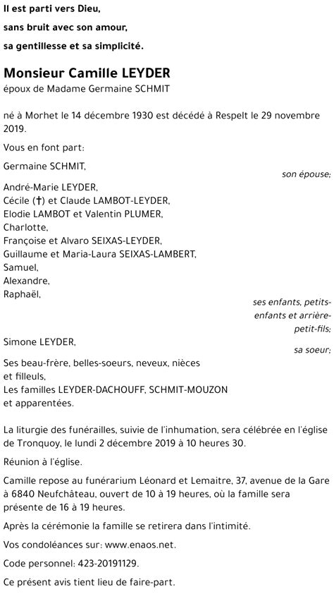 Avis De Décès De Camille Leyder Décédé Le 29112019 à Annonce