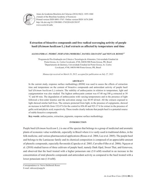 Pdf Extraction Of Bioactive Compounds And Free Radical Scavenging Activity Of Purple Basil