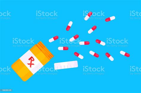 캡슐 또는 정제 플랫 스타일 디자인 벡터 일러스트레이션을 위한 Rx 알약 병을 엽니다 뚜껑에 대한 스톡 벡터 아트 및 기타