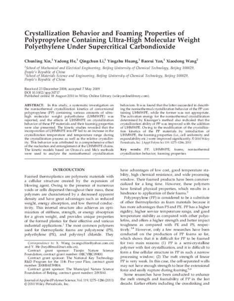 Pdf Crystallization Behavior And Foaming Properties Of Polypropylene Containing Ultra High