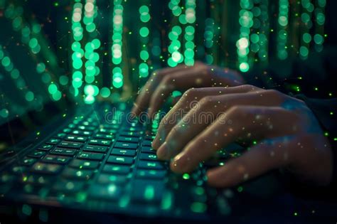 Hands Typing On Keyboard With Digital Code In Futuristic Style Stock