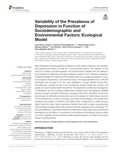 Pdf Variability Of The Prevalence Of Depression In Function Of Sociodemographic And