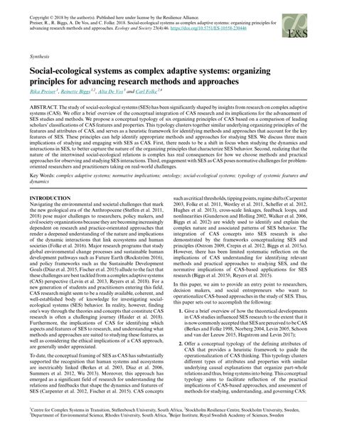 Pdf Social Ecological Systems As Complex Adaptive Systems Organizing