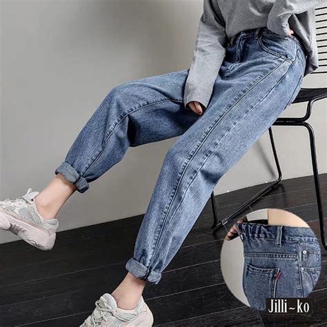 Jilli Ko 鬆緊腰老爺牛仔褲 藍色 牛仔褲 Yahoo奇摩購物中心