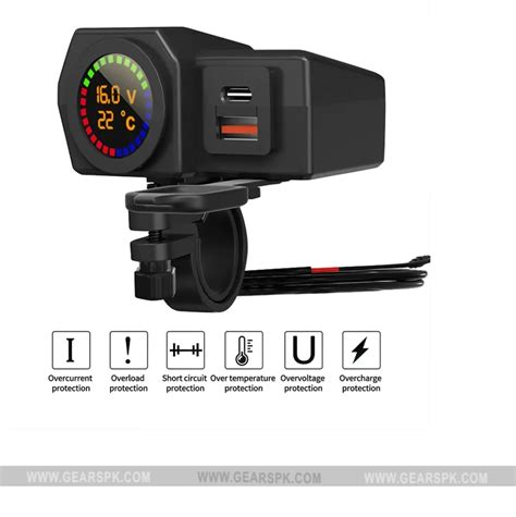Motorcycle Dual Usb Type C Charger 12 24v Qc3 0 Fast Charging Voltmeter Thermometer Digital