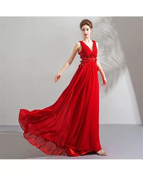 Flowy Long Red Chiffon Flowers V Neck Prom Dress Sleeveless Wholesale