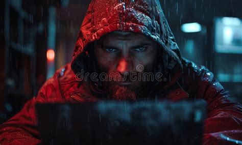 a hacker in a hood using a laptop to jam digital binary code stock