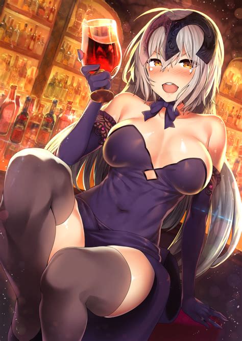 Rule 34 Ahoge Alcohol Bangs Bar Bare Shoulders Black Dress Black