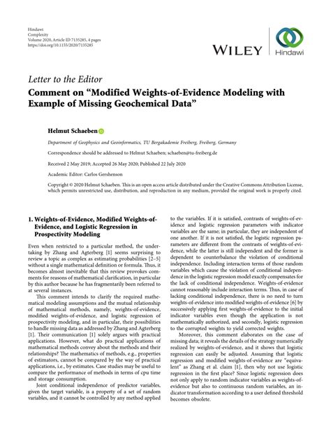 Pdf Comment On “modified Weights Of Evidence Modeling With Example Of Missing Geochemical Data”