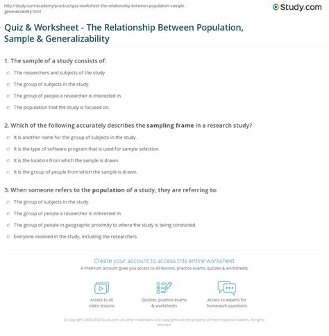 Quiz And Worksheet The Relationship Between Population Sample And Generalizability
