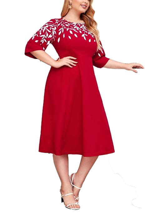 Elegant Round Neck Fit And Flare 34 Sleeve Red Plus Size Dresses