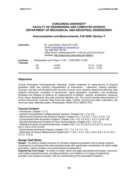 Mech 373 Instrumentation And Measurements Course Syllabus
