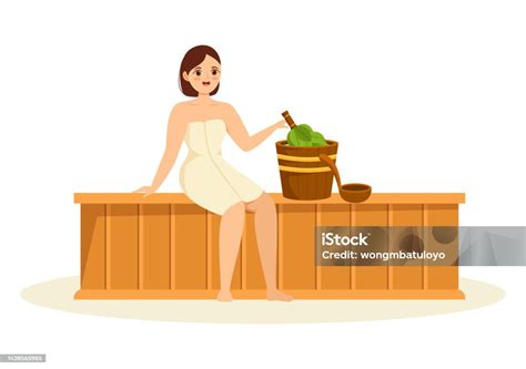 사우나와 스팀 룸은 사람들이 휴식을 취하고 몸을 씻고 증기를 마시거나 평면 만화 손으로 그린 템플릿 그림에서 시간을 즐깁니다 건강관리와 의술에 대한 스톡 벡터 아트 및 기타