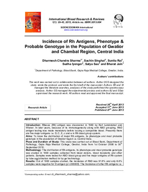 Pdf Incidence Of Rh Antigens Phenotype And Probable Genotype In The Population Of Gwalior And